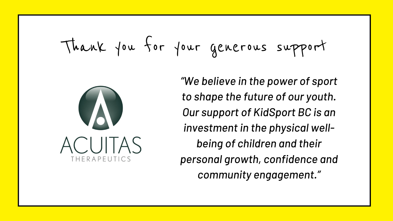 Acuitas Therapeutics Renews Annual Commitment for KidSport - British ...
